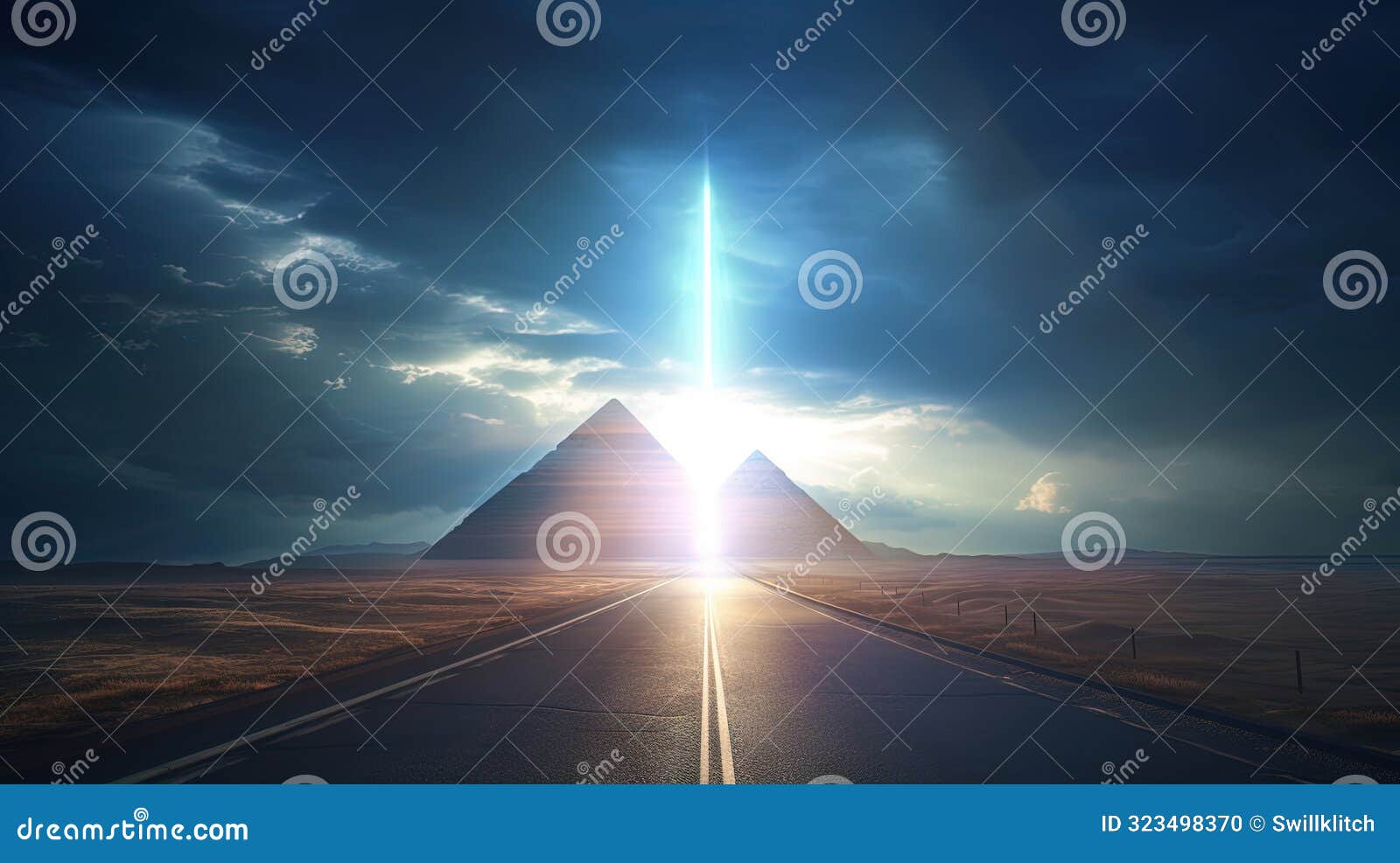 A Futuristic Scene with Pyramids and a Neon Light Pathway, Blending ...