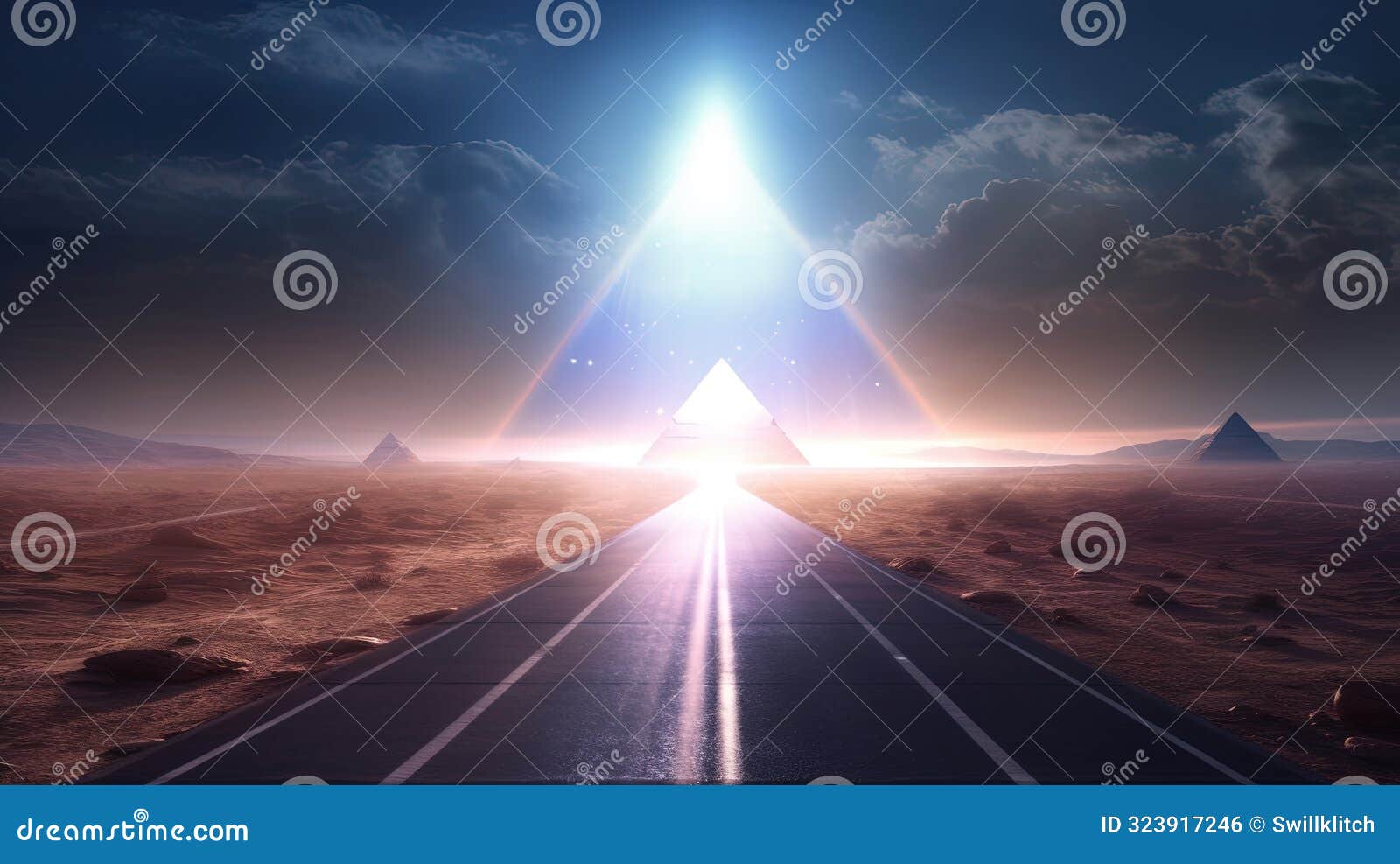 A Futuristic Scene with Pyramids and a Neon Light Pathway, Blending ...
