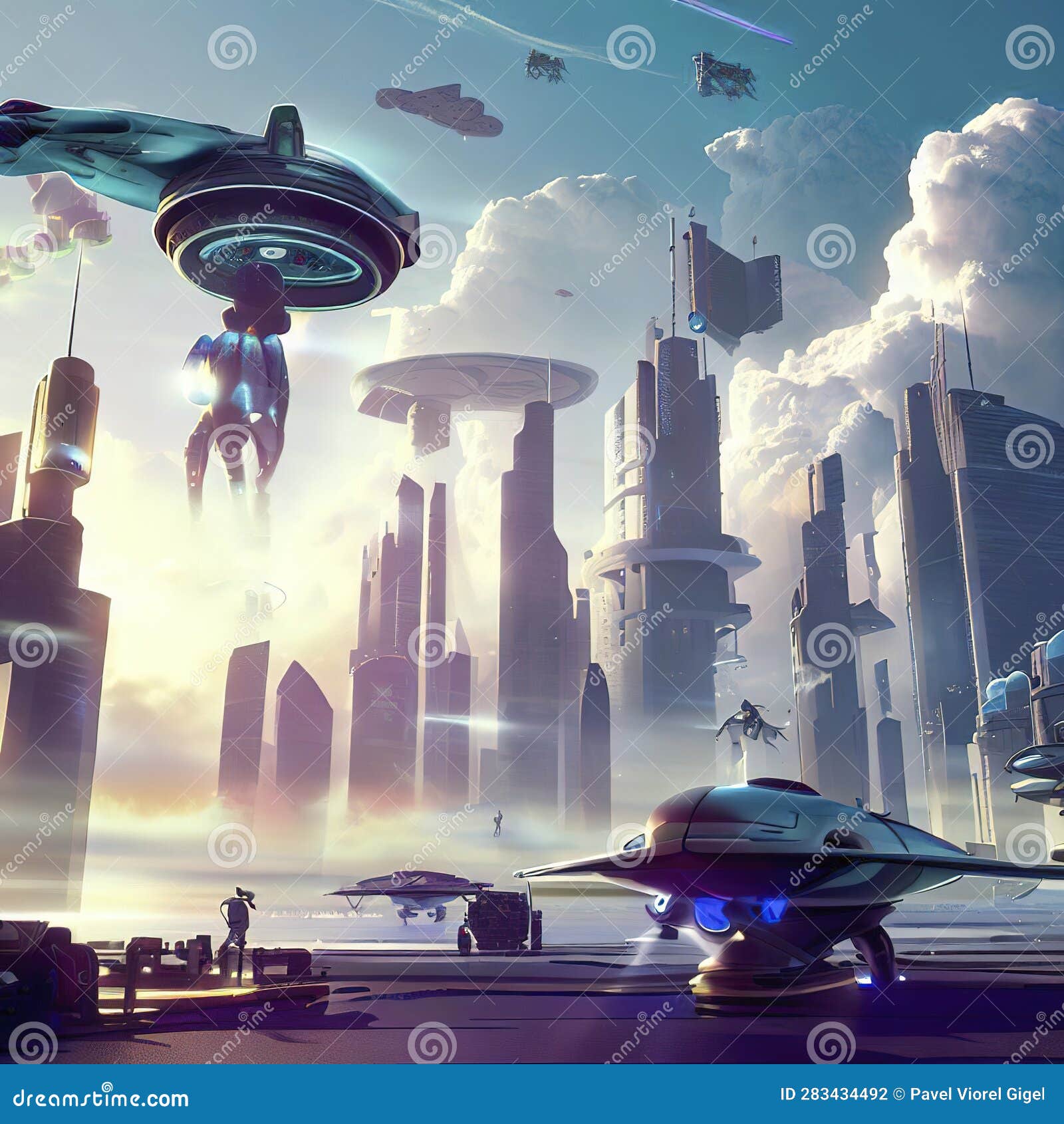 Futuristic Scene With Skyscrapers, Hovercrafts And Robots Stock Photo | CartoonDealer.com #283434492