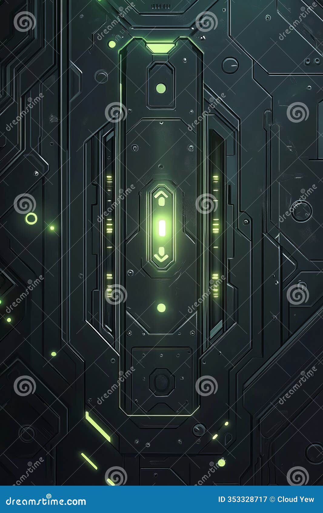 Futuristic Sci-Fi Circuit Board with Glowing Green Elements and ...