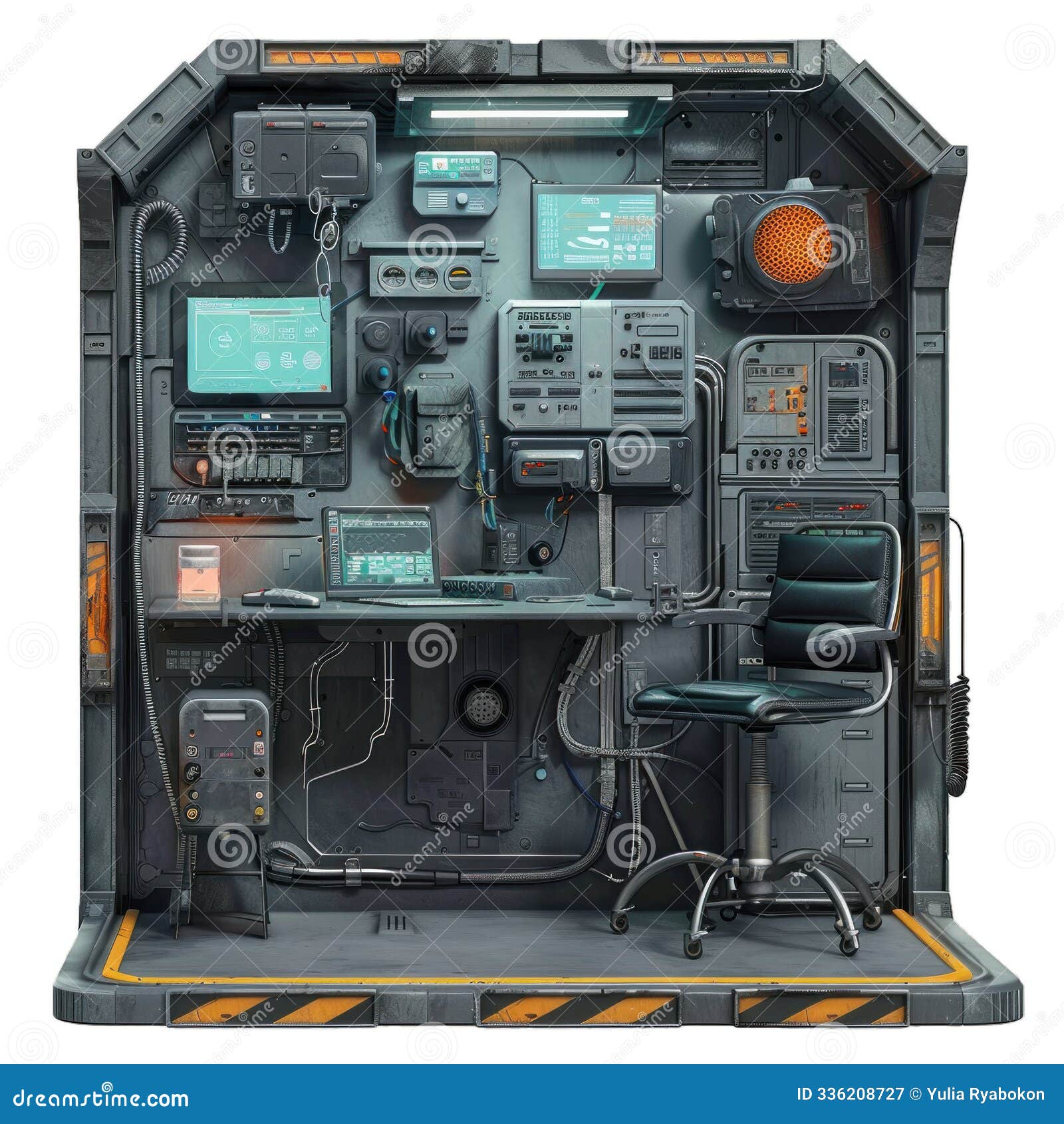 Futuristic Sci Fi Control Room with Computer and Empty Chair Stock ...