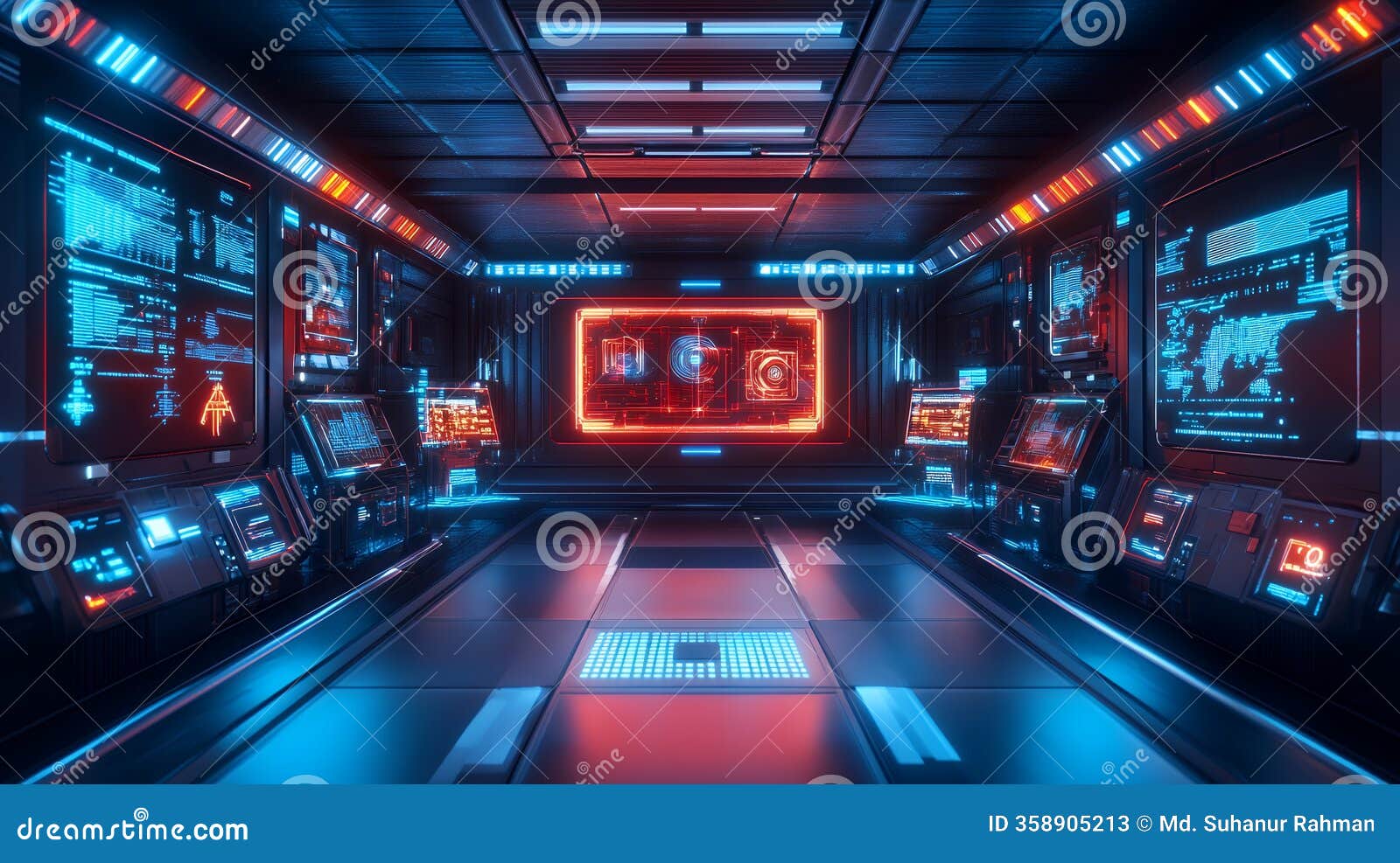 Futuristic Sci Fi Control Room Interior with Neon Lights and Data ...