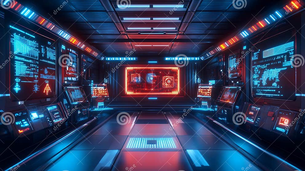 Futuristic Sci Fi Control Room Interior with Neon Lights and Data ...