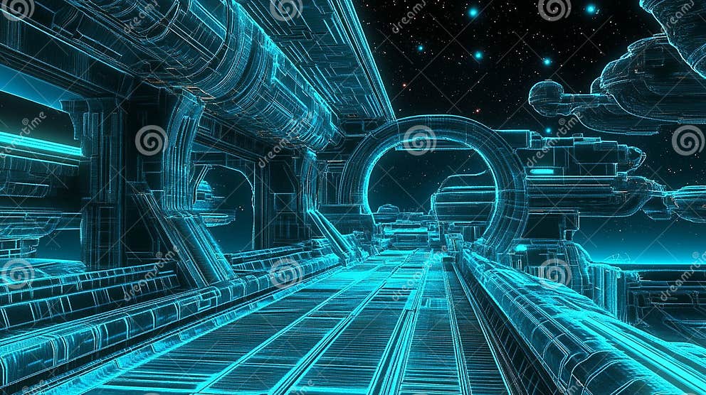 Futuristic Sci-fi Corridor with Glowing Blue Lines and Cosmic Backdrop ...