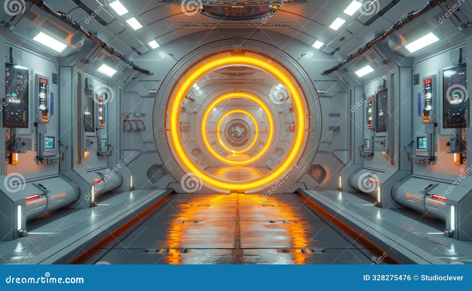 Futuristic Sci-fi Corridor with Orange Rings - Generative Ai Stock ...