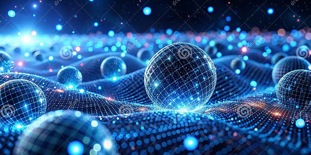 Futuristic Sci-Fi Glowing Particles and Blue Spheres Stock Illustration ...
