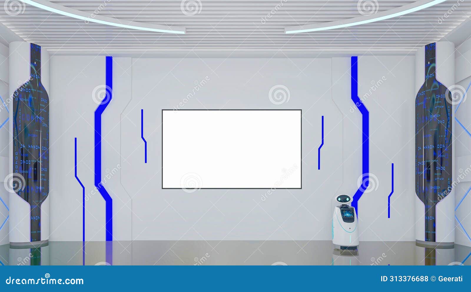 Futuristic Sci-Fi Hallway Interior with Smart Robot and Monitor Screen ...