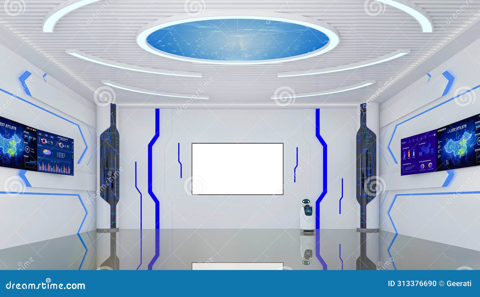 Futuristic Sci-Fi Hallway Interior with Smart Robot and Monitor Screen ...
