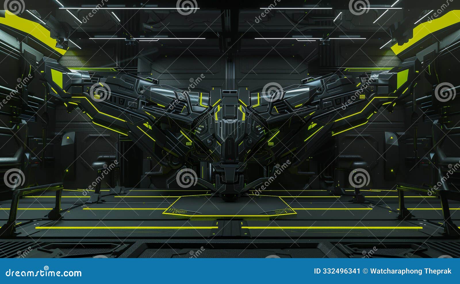 Futuristic Sci-Fi Hangar with High-Tech Equipment and Neon Lights Stock Illustration ...