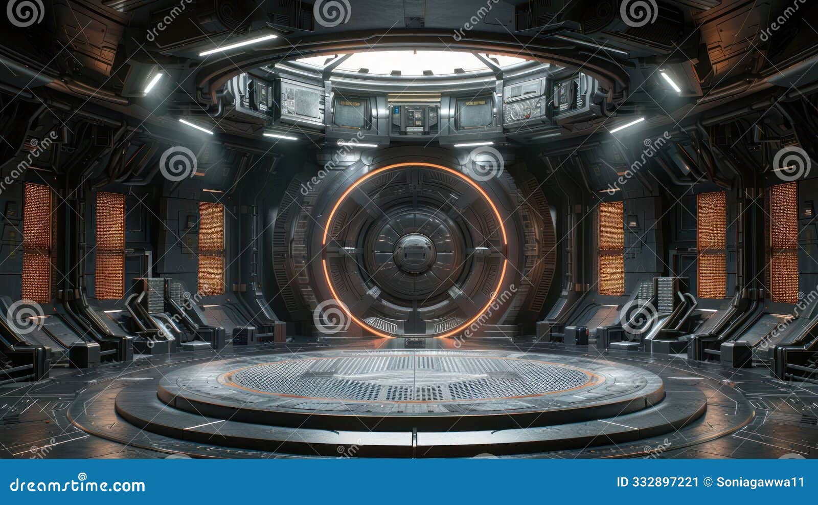 Futuristic Sci-Fi Interior with Circular Platform and Glowing Door Stock Illustration ...