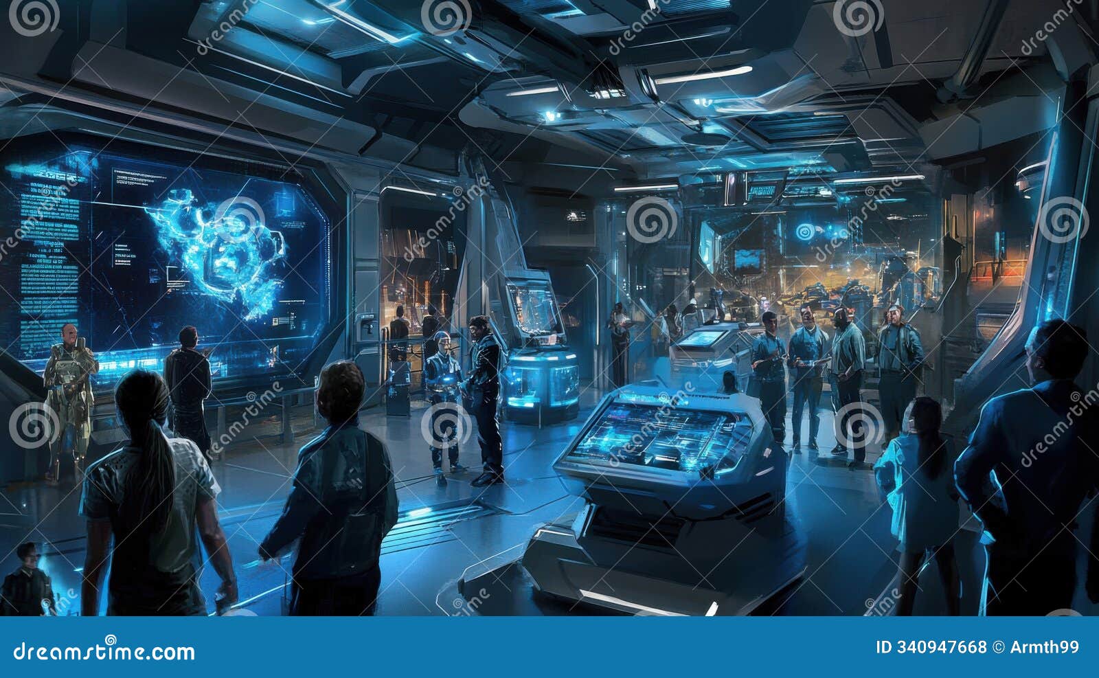 Futuristic Sci Fi Interior Design, People Exploring High Tech Room with ...