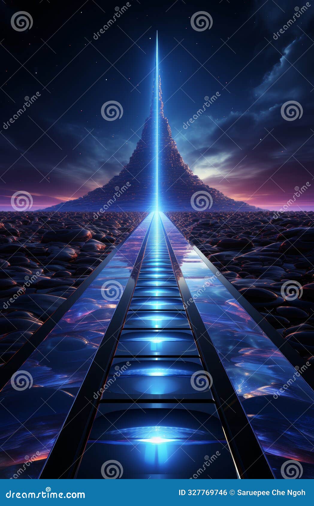 Futuristic SciFi Landscape with Glowing Tower and Reflective Pathway ...