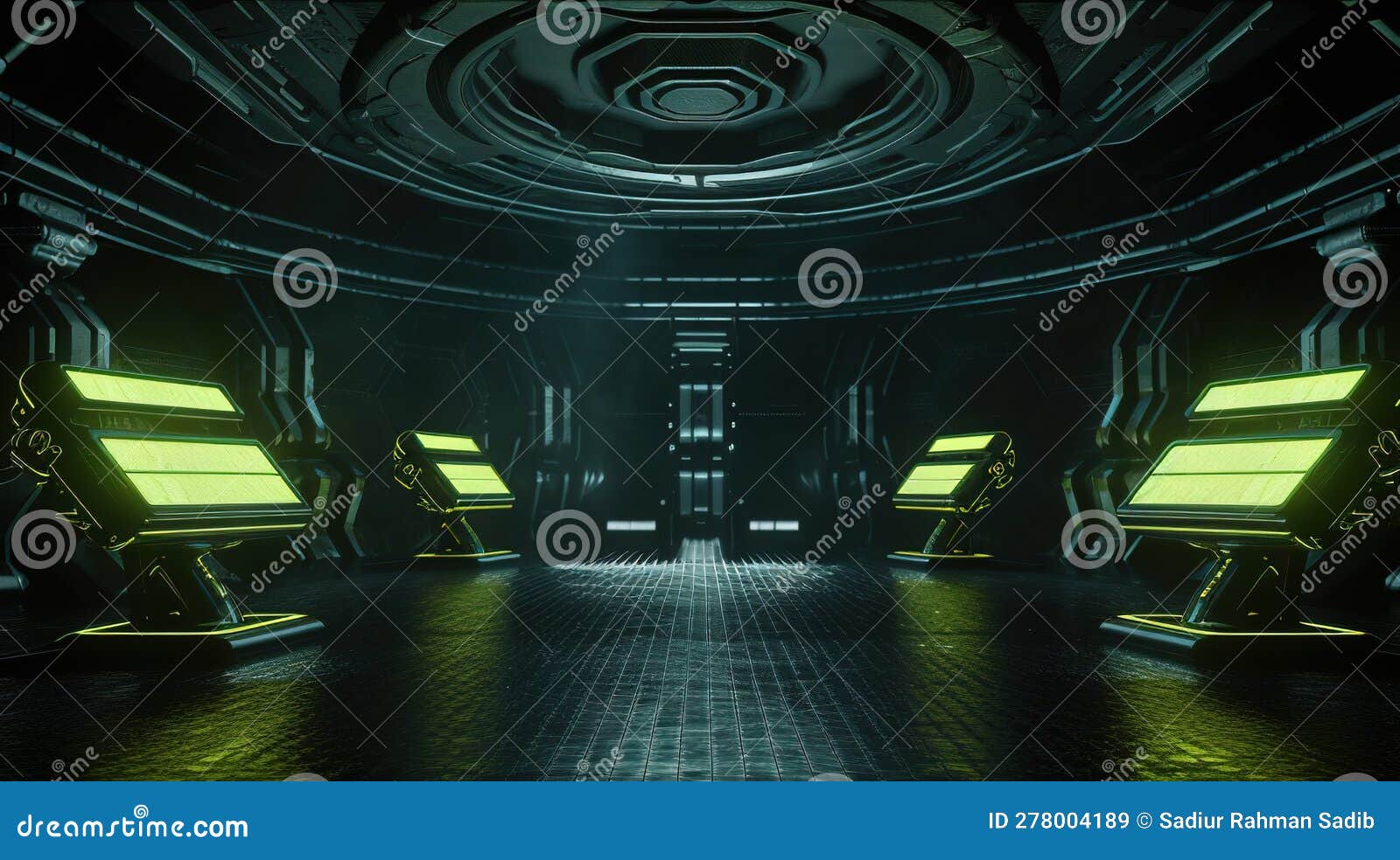 Futuristic Sci Fi Modern Empty Big Hall Dark Alien Garage. Space for ...