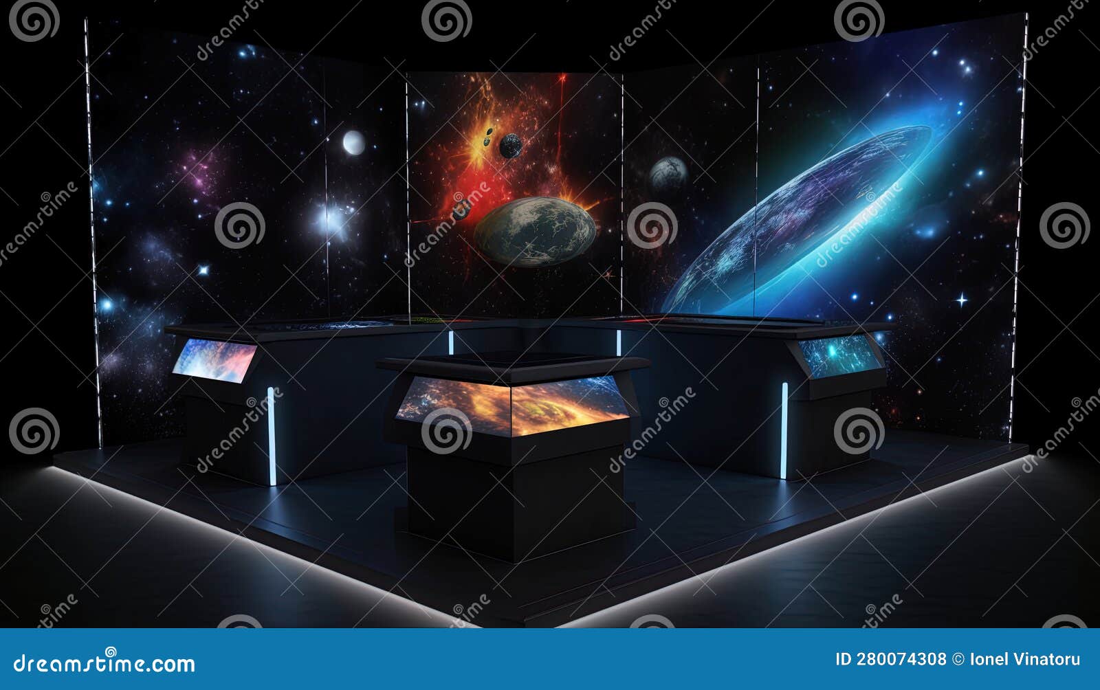 Futuristic Sci-fi Room with Displays, Planets, Stars and Galaxy ...