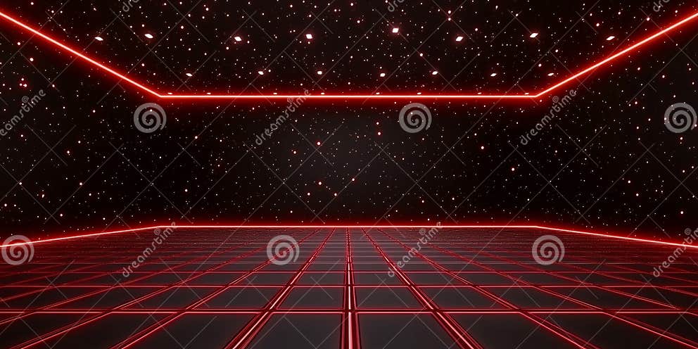 Futuristic Sci Fi Room Red Neon Grid Floor Starry Night Ceiling 3D ...