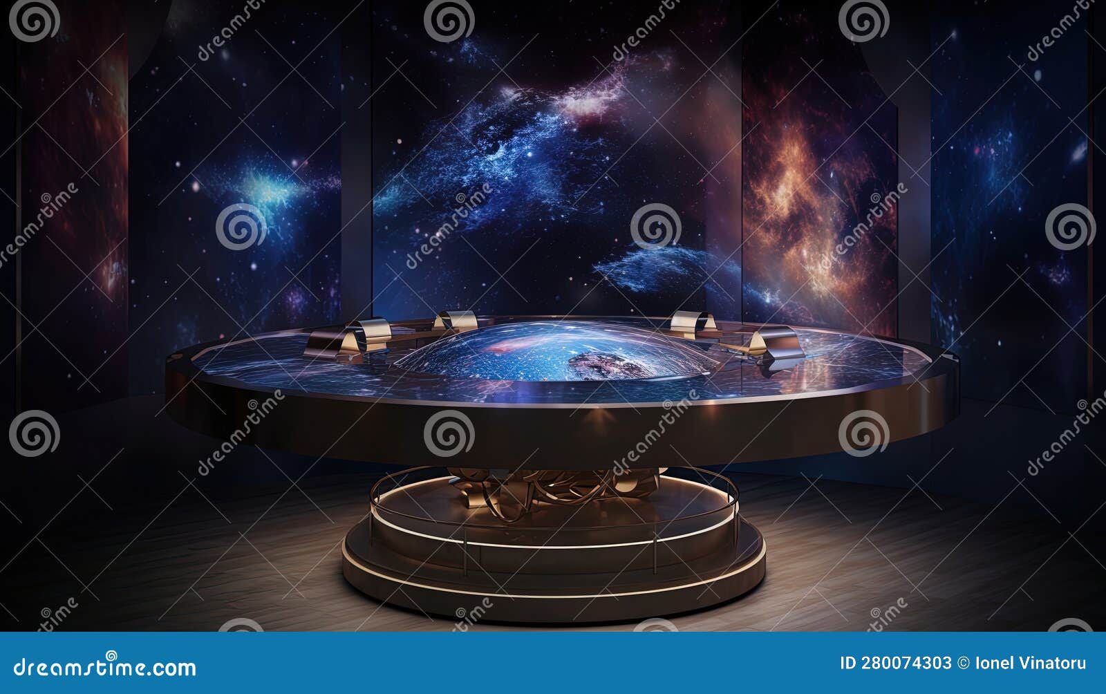 Futuristic Sci-fi Round Table with Displays, Lights and Galaxy in the ...