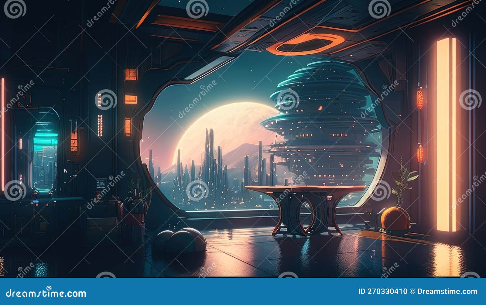 Futuristic Sci-fi Scene with Glowing Neon Lights Stock Illustration ...