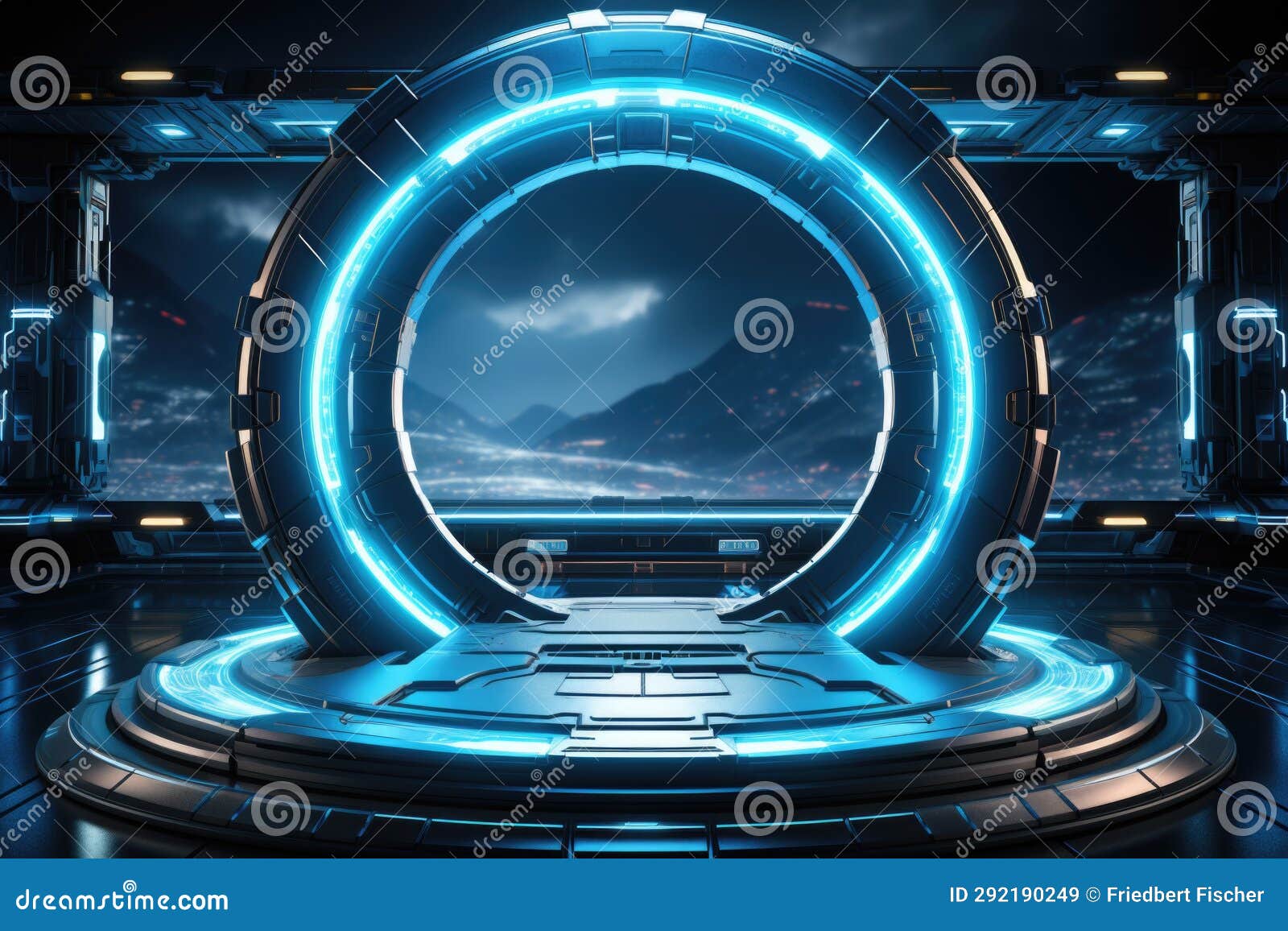 Glowing Portal Or Door With Synthwave Sundown And Columns Holding Neon ...