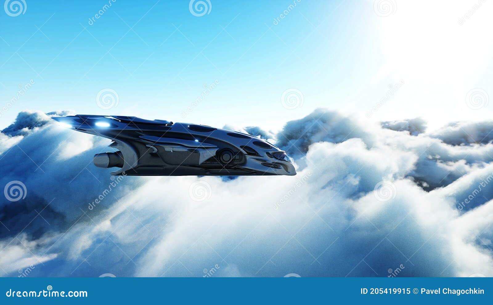 Futuristic Sci Fi Ship Flying in the Clouds. 3d Rendering. Stock ...