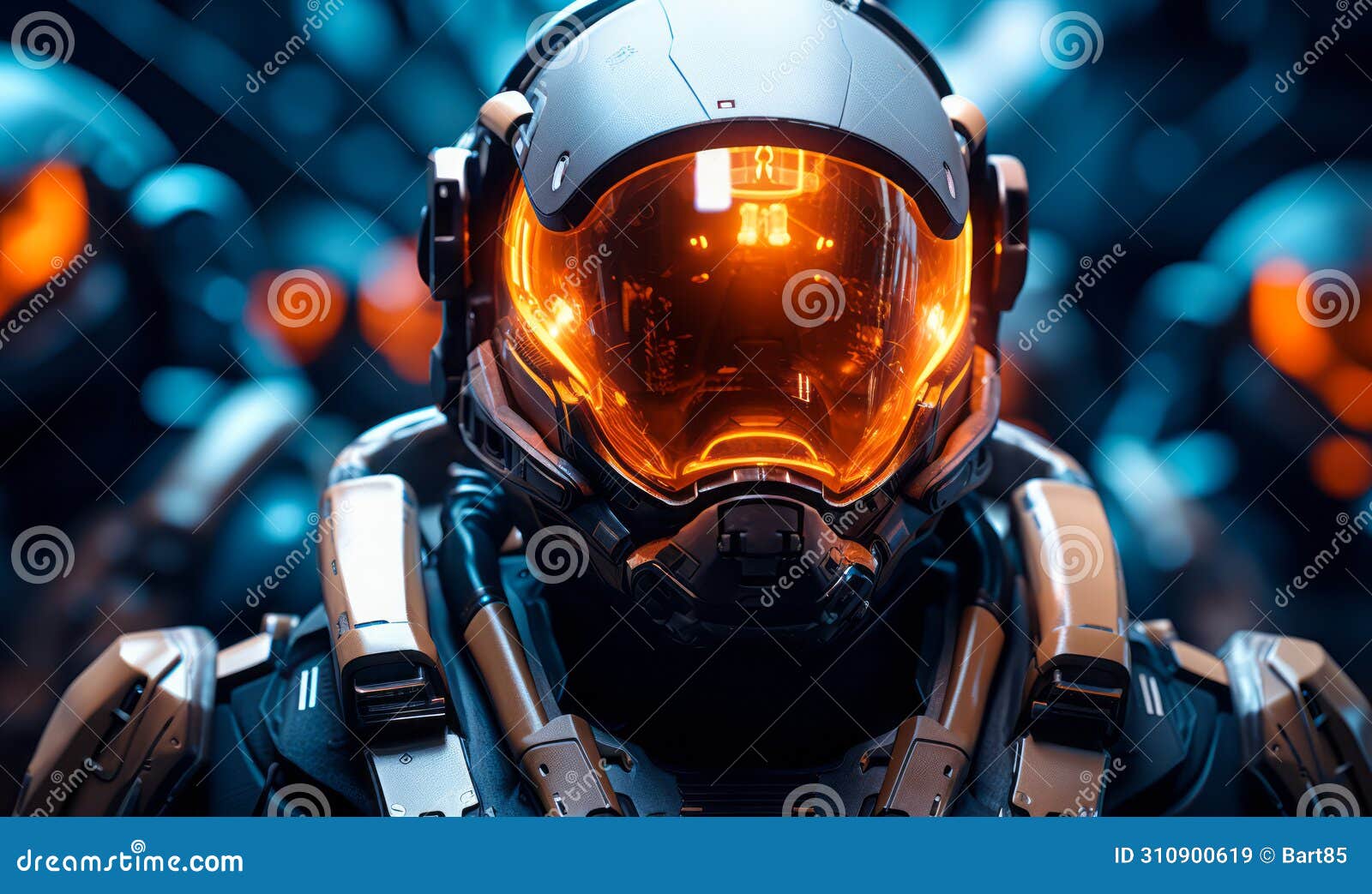 Futuristic Sci Fi Soldier with Glowing Orange Visor and Advanced Armor ...