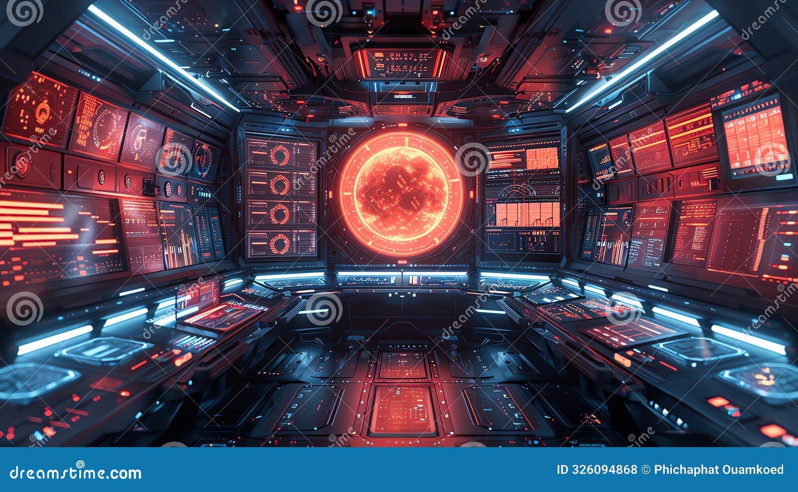 Futuristic Sci-fi Spaceship Control Room with Glowing Orange Interface ...