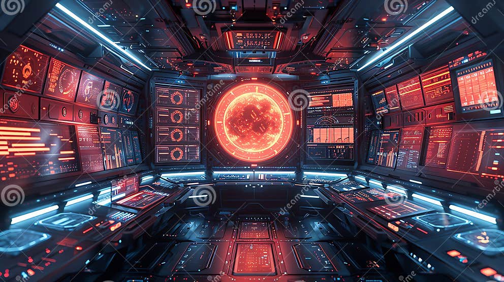 Futuristic Sci-fi Spaceship Control Room with Glowing Orange Interface ...