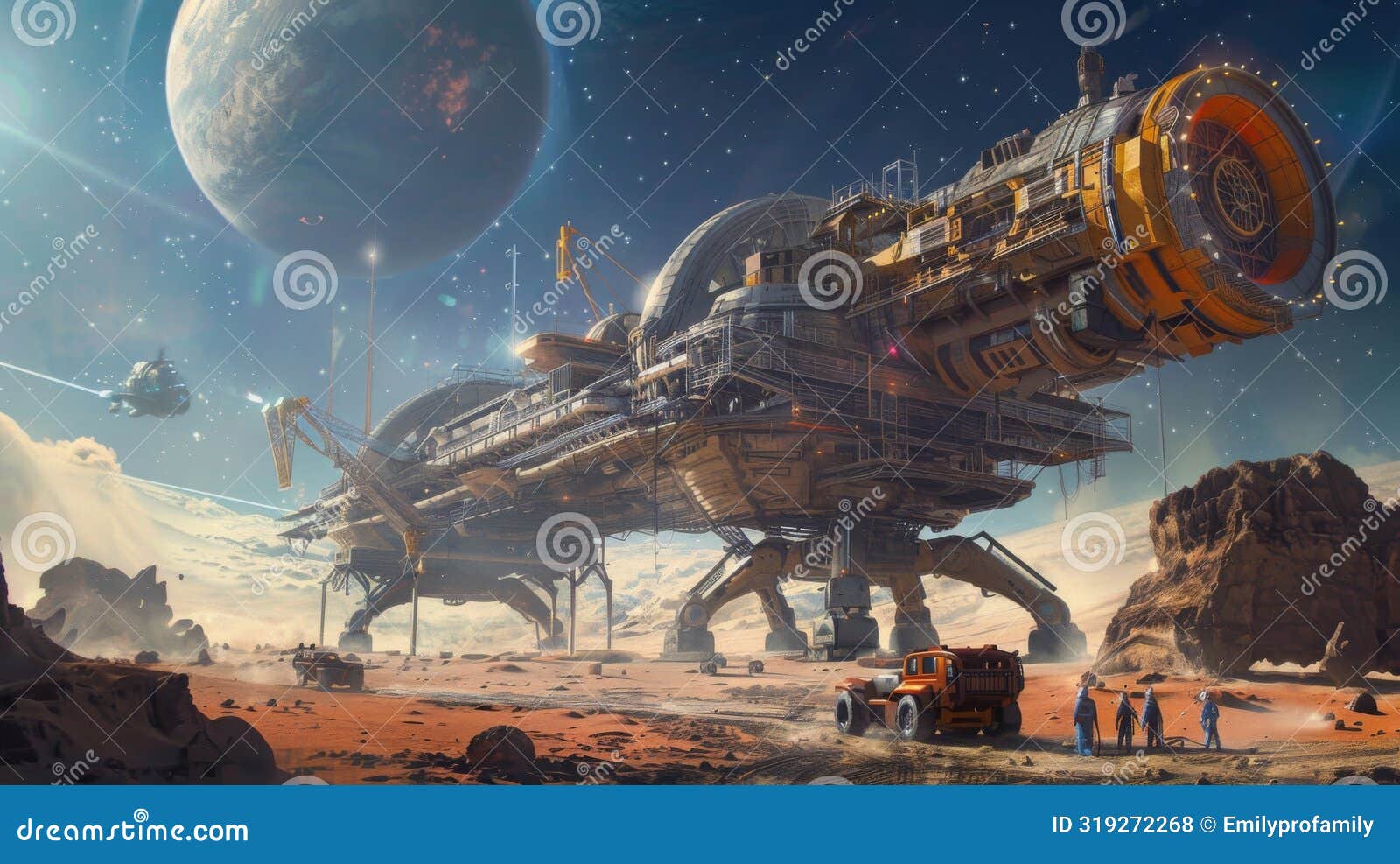 Futuristic Sci-Fi Spaceship Crew Exploring Unknown Planet Stock Photo ...