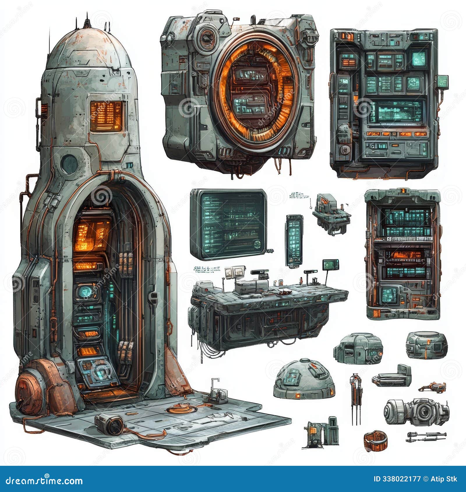 Futuristic Sci Fi Spaceship Modules and Components Stock Illustration ...
