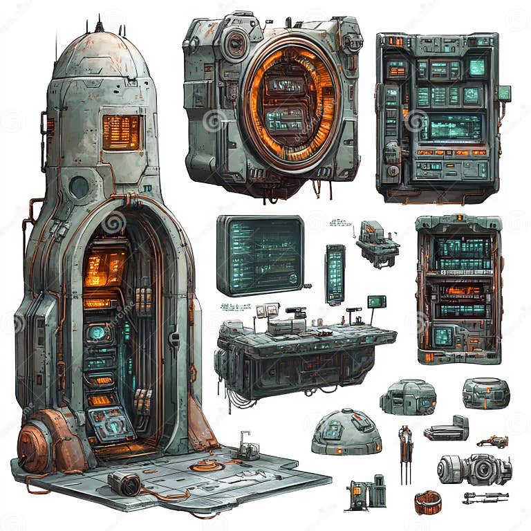 Futuristic Sci Fi Spaceship Modules and Components Stock Illustration ...