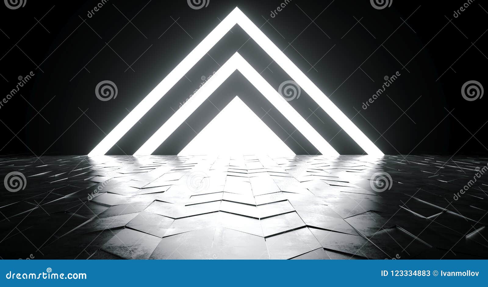 Futuristic Sci-Fi Triangle Shaped White Glowing Lights on Reflec Stock ...