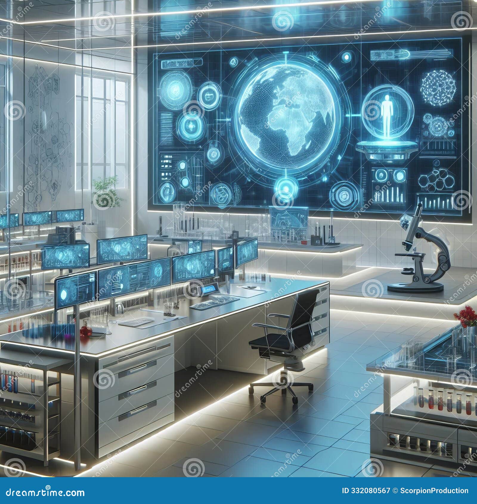 Futuristic Science Lab with Digital Global Interface on Large Screen ...