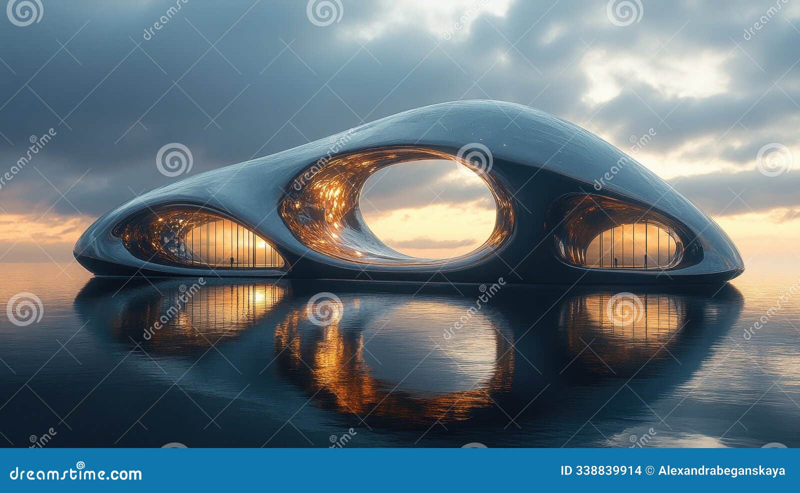 Futuristic Seaside Architecture with Reflective Water Surface. Space ...