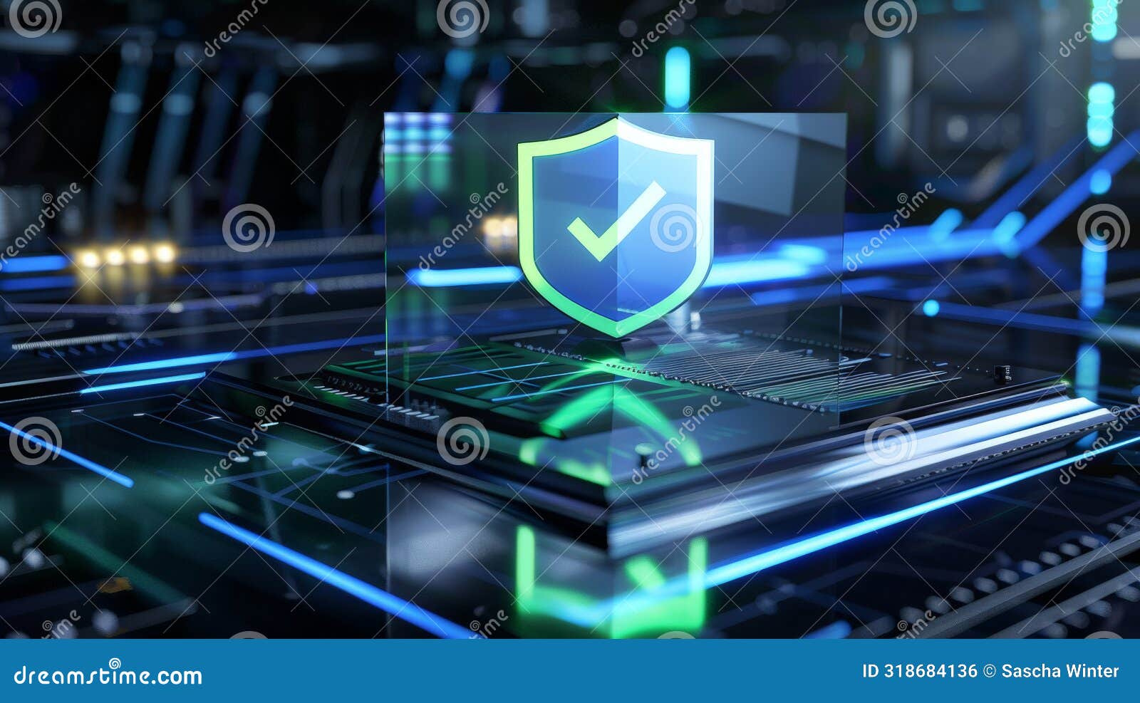 Futuristic Security: Blue Holographic Shield with Green Check Mark ...