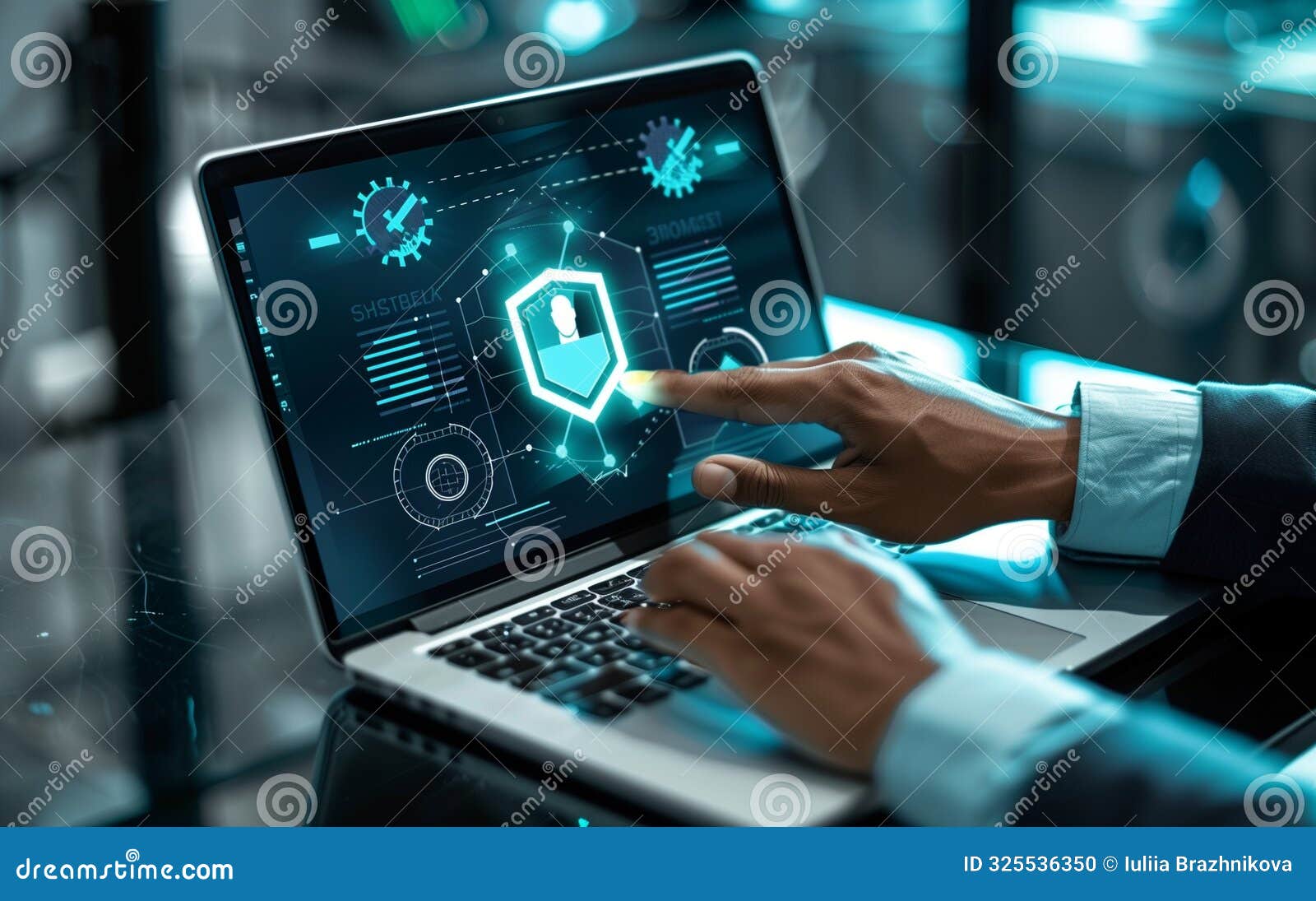 Futuristic Security System Concept with a Businessman Using a Laptop ...