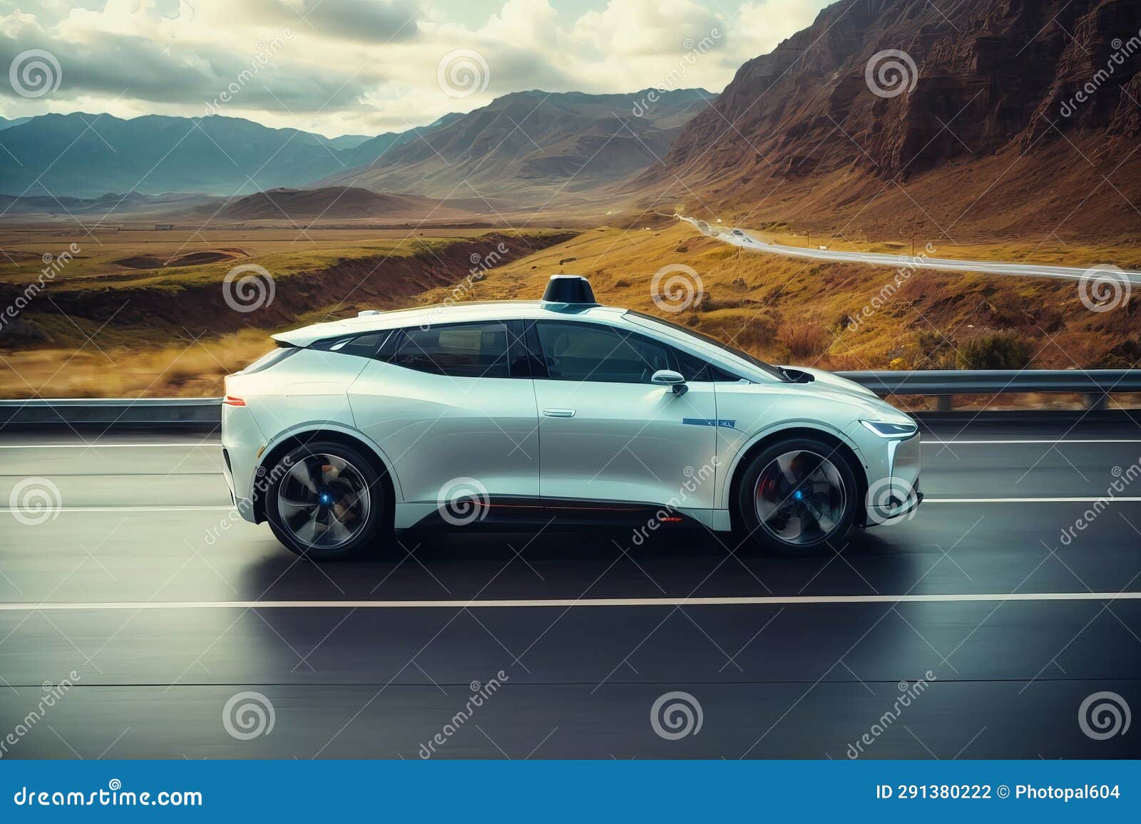 Futuristic Self-Driving Electric Car on Highway Journey. Stock Photo ...