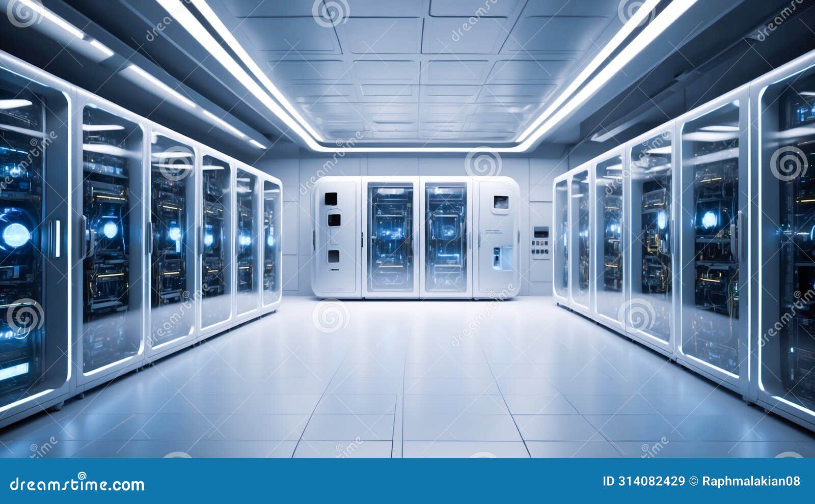 Futuristic Server in a Clean, Bright Room with Neon Light. Central Data ...