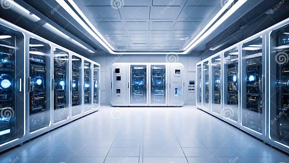 Futuristic Server in a Clean, Bright Room with Neon Light. Central Data Storage Area, Network ...