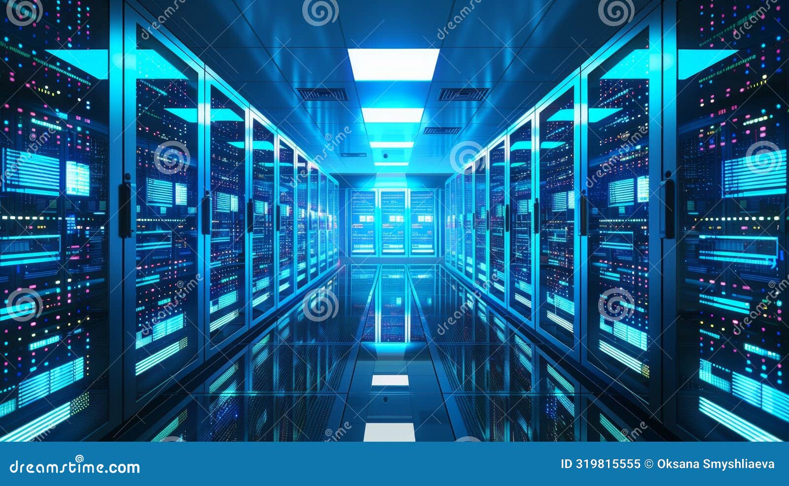 Futuristic Server Room with Blue LED Lighting in Data Center Stock ...