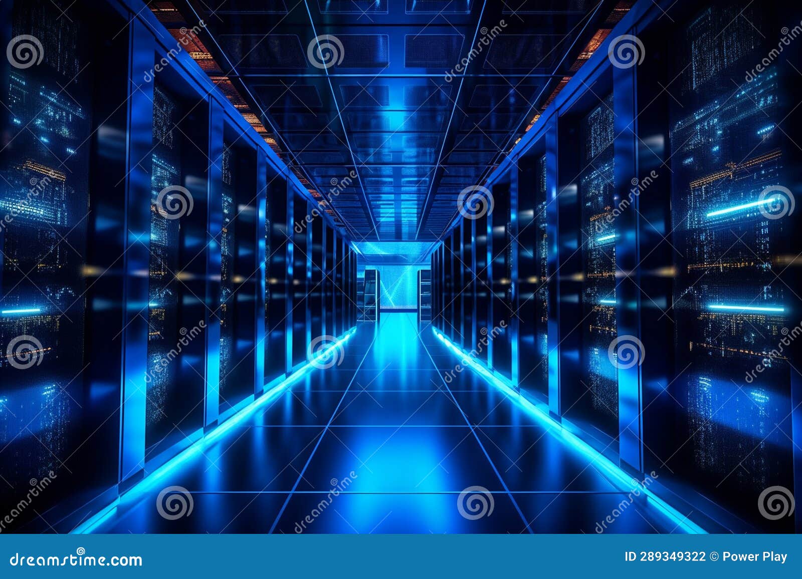 Futuristic Server Room with Blue Lights. 3D Rendering Stock ...
