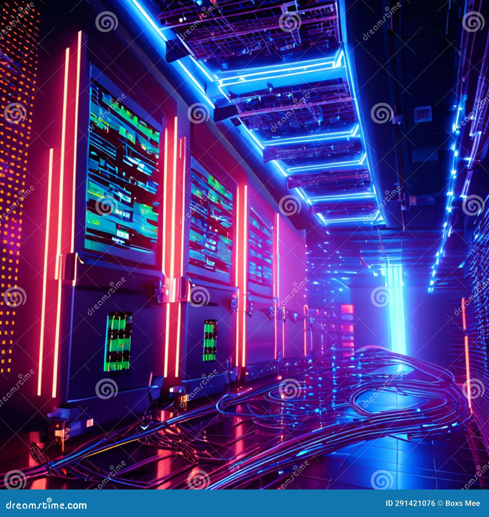 Futuristic Server Room with Bright Neon Lights. 3d Rendering AI ...