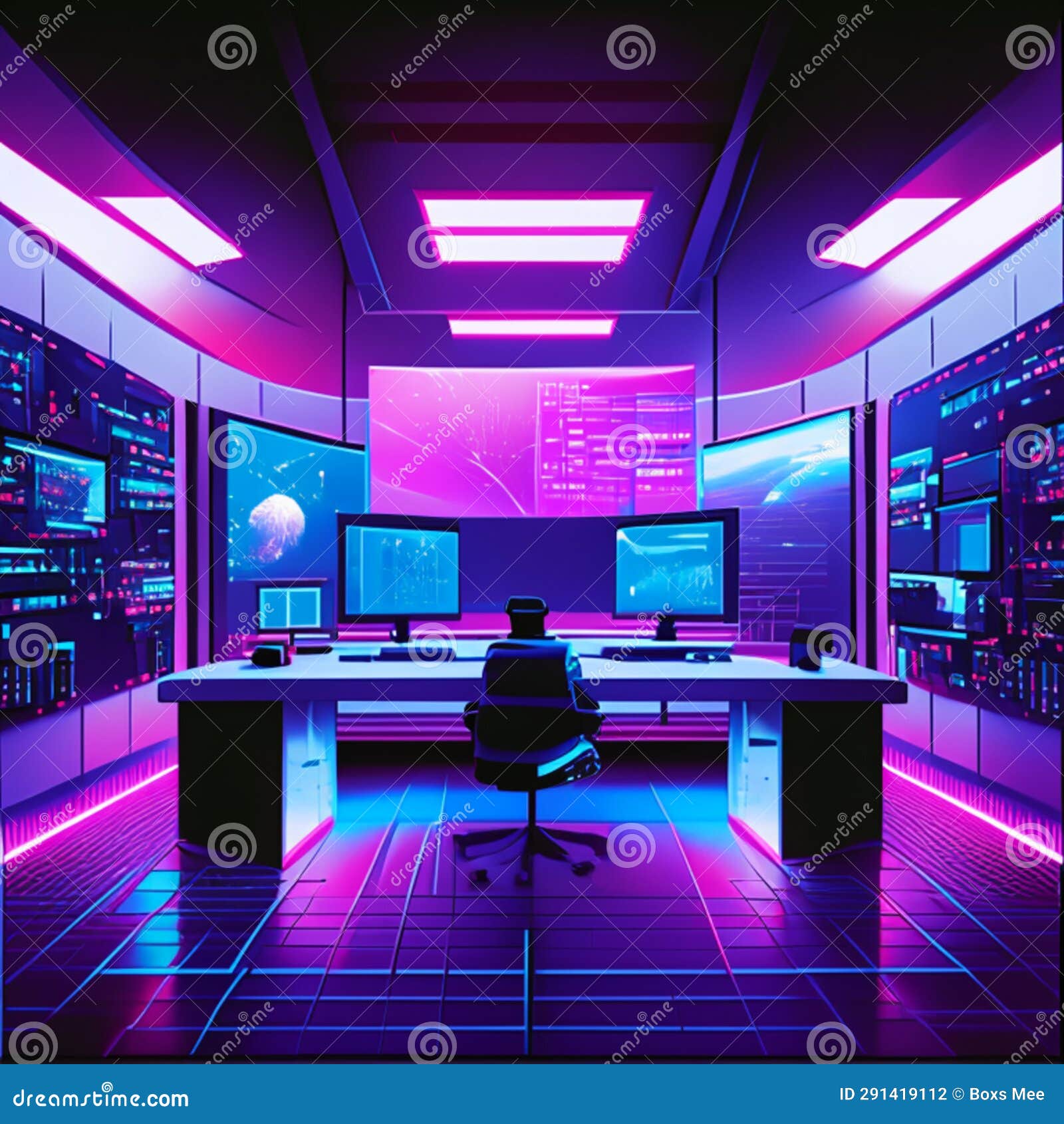 Futuristic Server Room with Computers and Screens. Vector Illustration ...