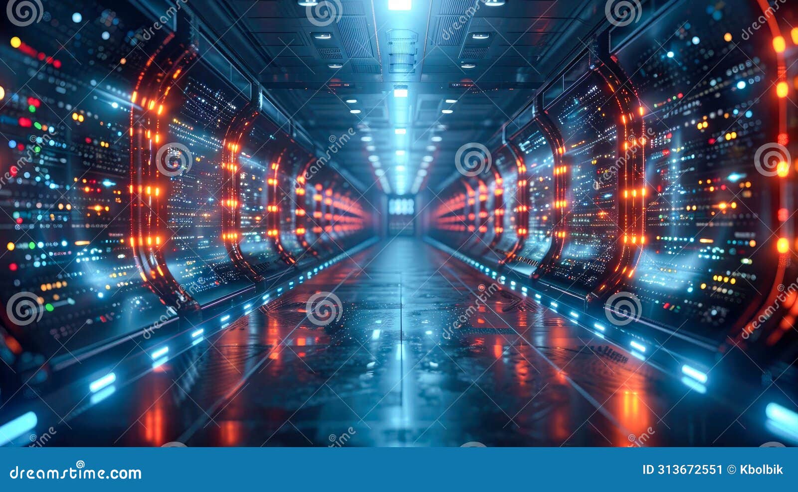 Futuristic Server Room Data Center Hallway with Glowing Lights Stock ...