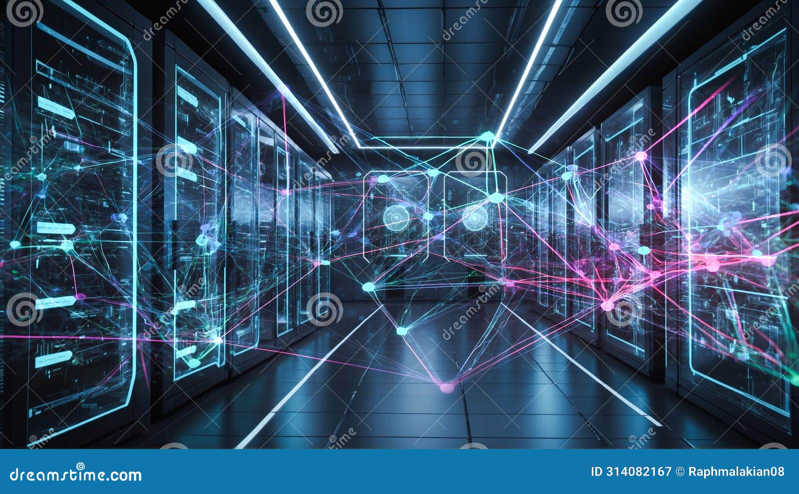 Futuristic Server Room with Digital Neural Network Double Exposure ...