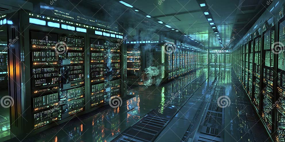 A Futuristic Server Room Filled with High-tech Equipment and Glowing ...
