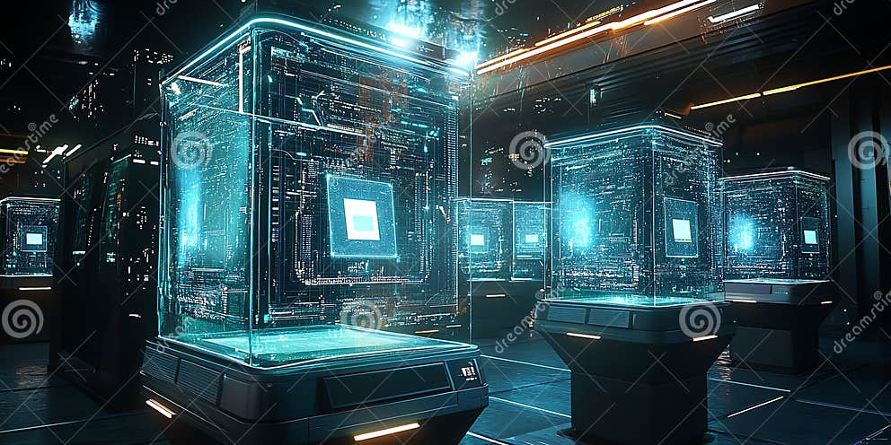 Futuristic Server Room with Glowing Blue Cubes Stock Illustration ...