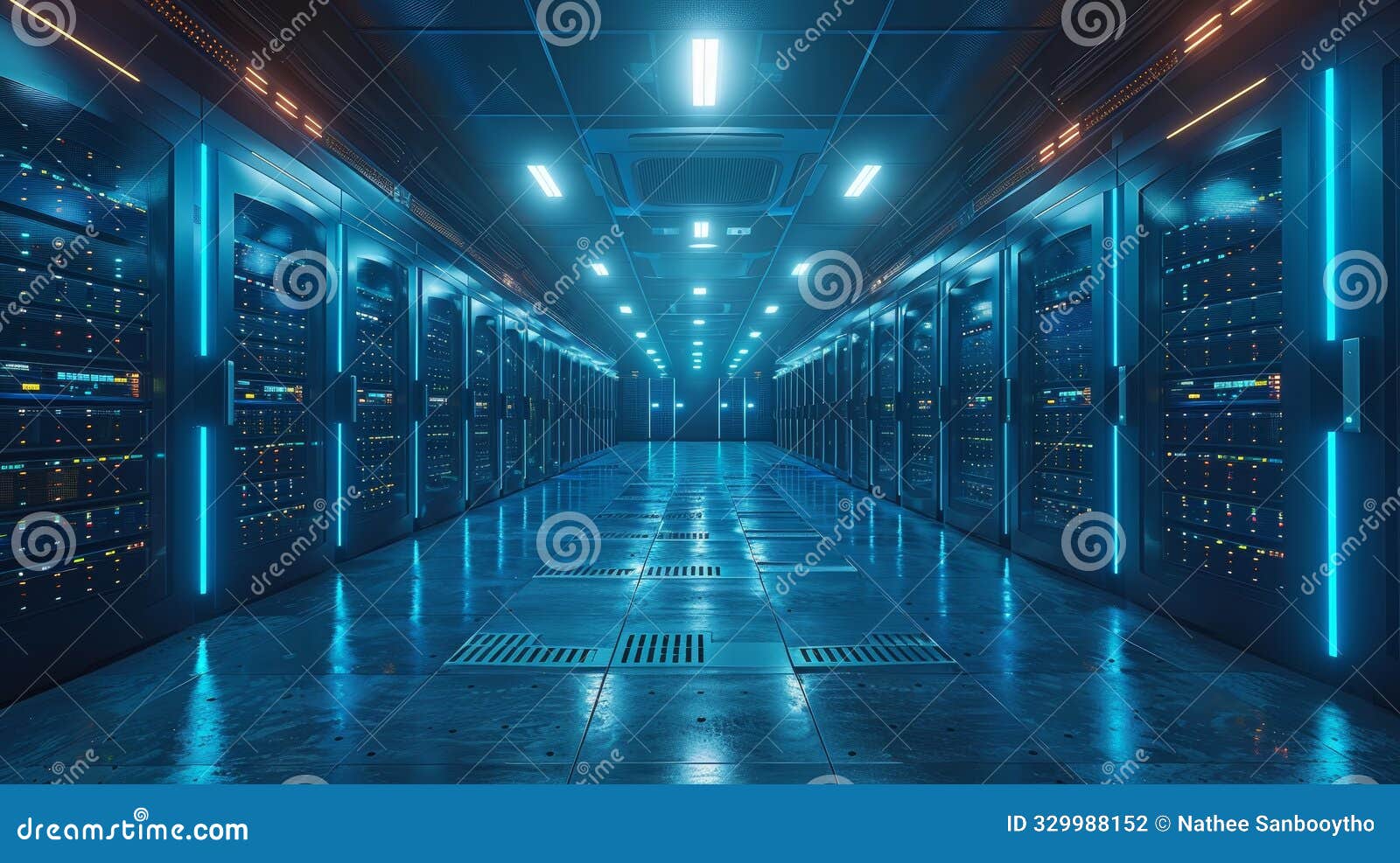 A Futuristic Server Room with Glowing Blue Lights and Rows of Servers ...