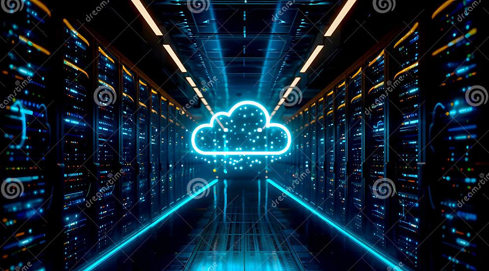 Futuristic Server Room with Glowing Cloud Symbol Amidst Data Storage ... Futuristic Server Room with Glowing Cloud Symbol Amidst Data Storage ...