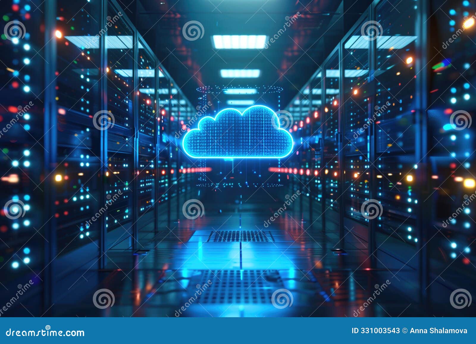 Futuristic Server Room with a Glowing Digital Cloud Hologram among Rows ...