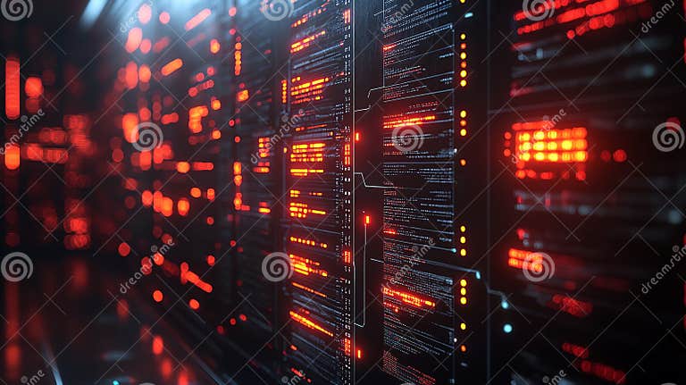 Futuristic Server Room with Glowing Red Lights and Complex Data ...