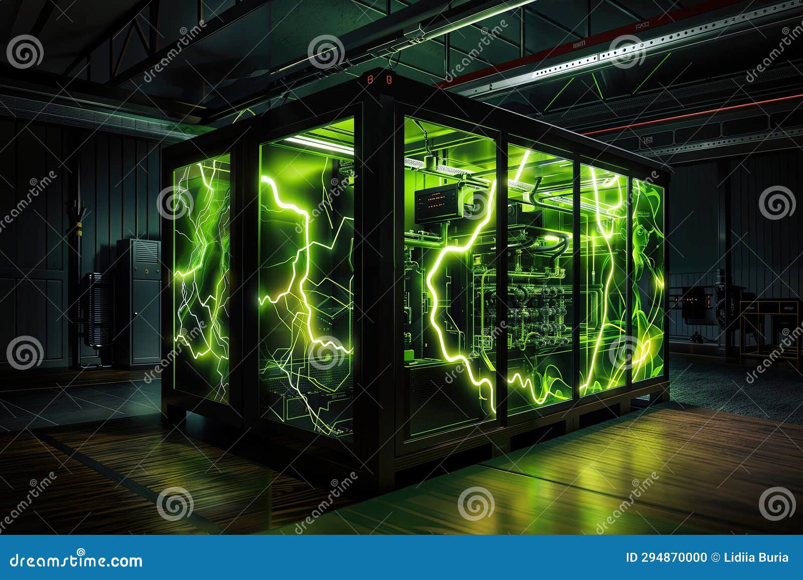 Futuristic Server Room with Green Glowing Lights. 3D Rendering ...